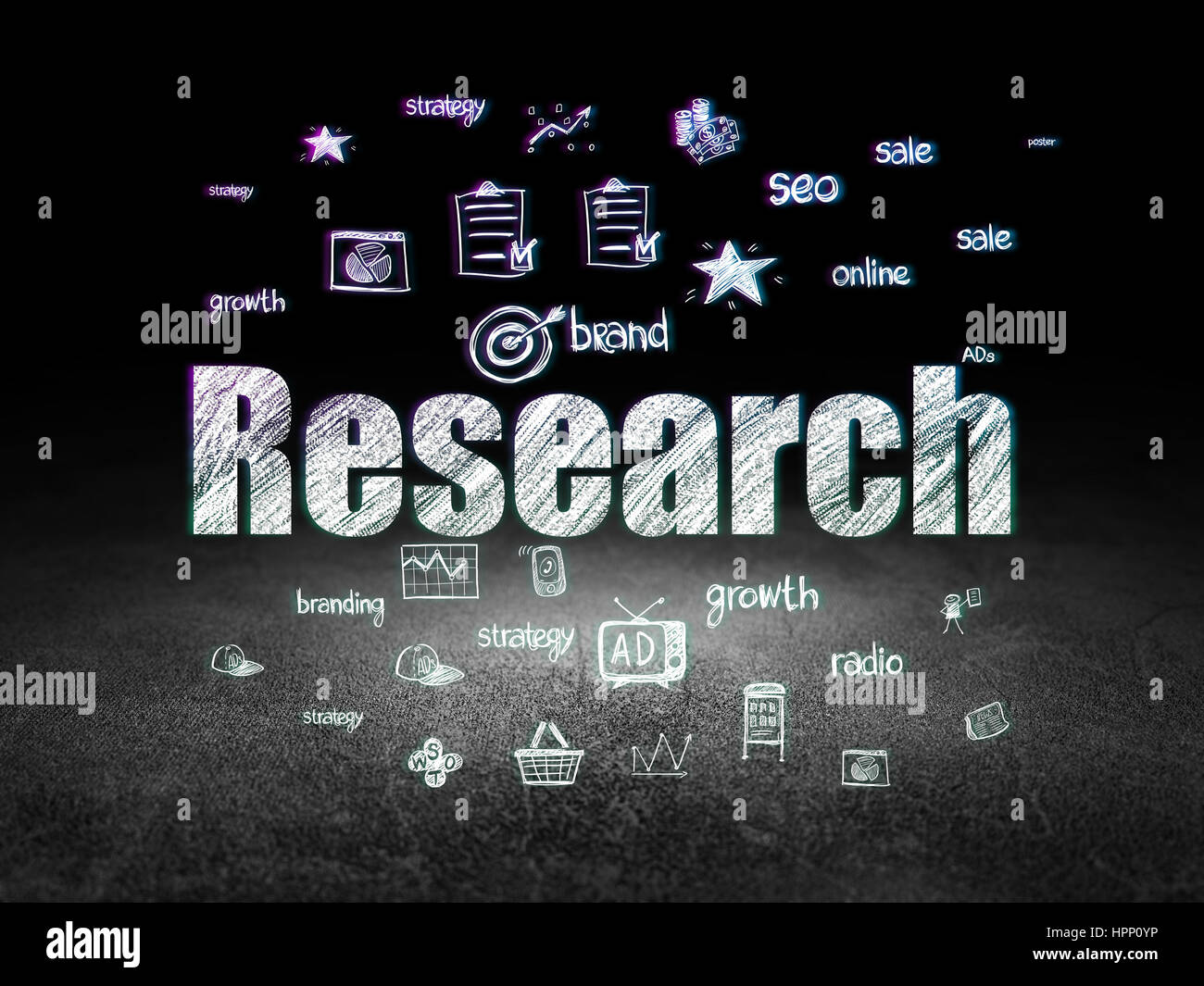Marketing concept: Research in grunge dark room Stock Photo - Alamy