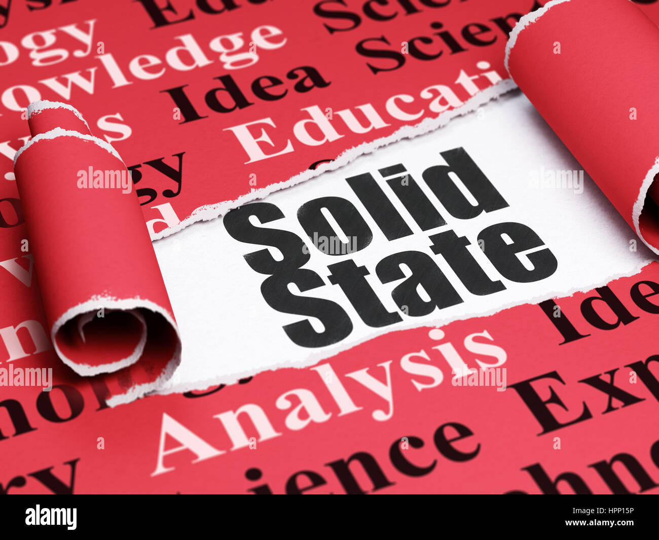 Science concept: black text Solid State under the piece of torn paper ...