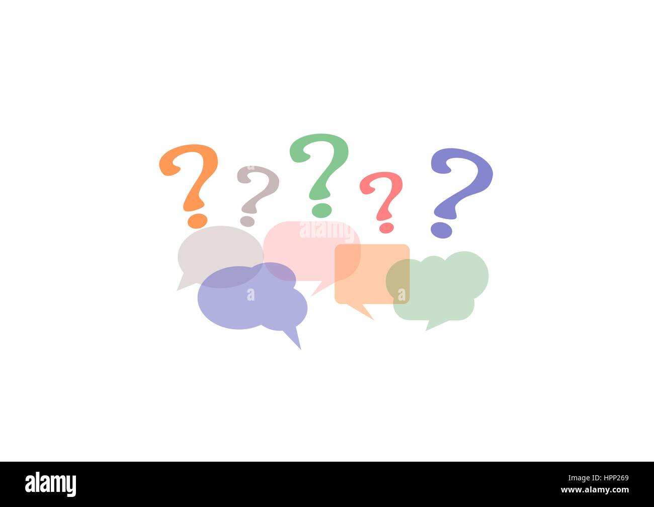 Speech bubbles and question marks. Colorful message boxes with questions. Questions and answers ...