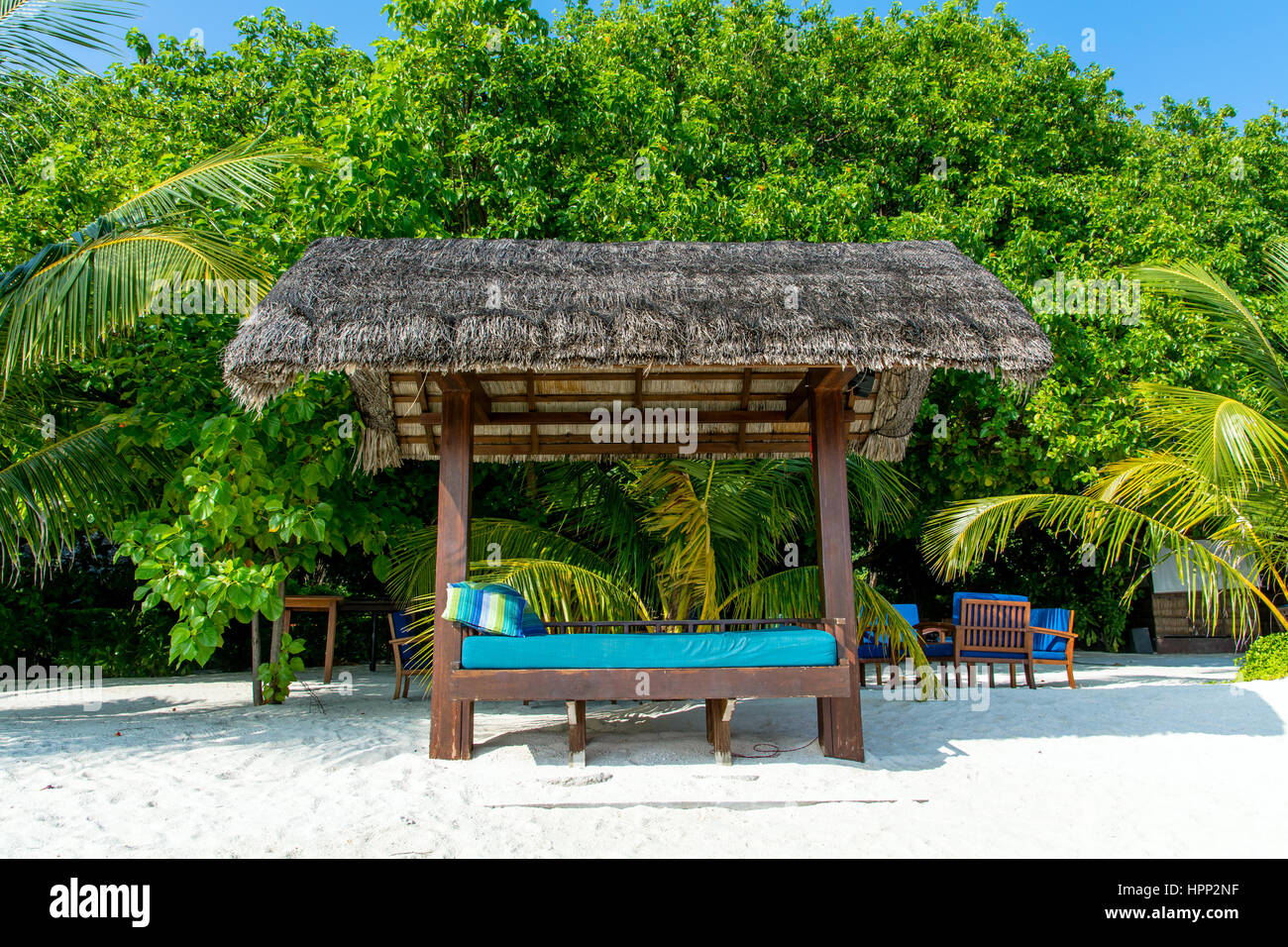 Tropical Island Parasol by Forest on Beach Stock Photo - Alamy