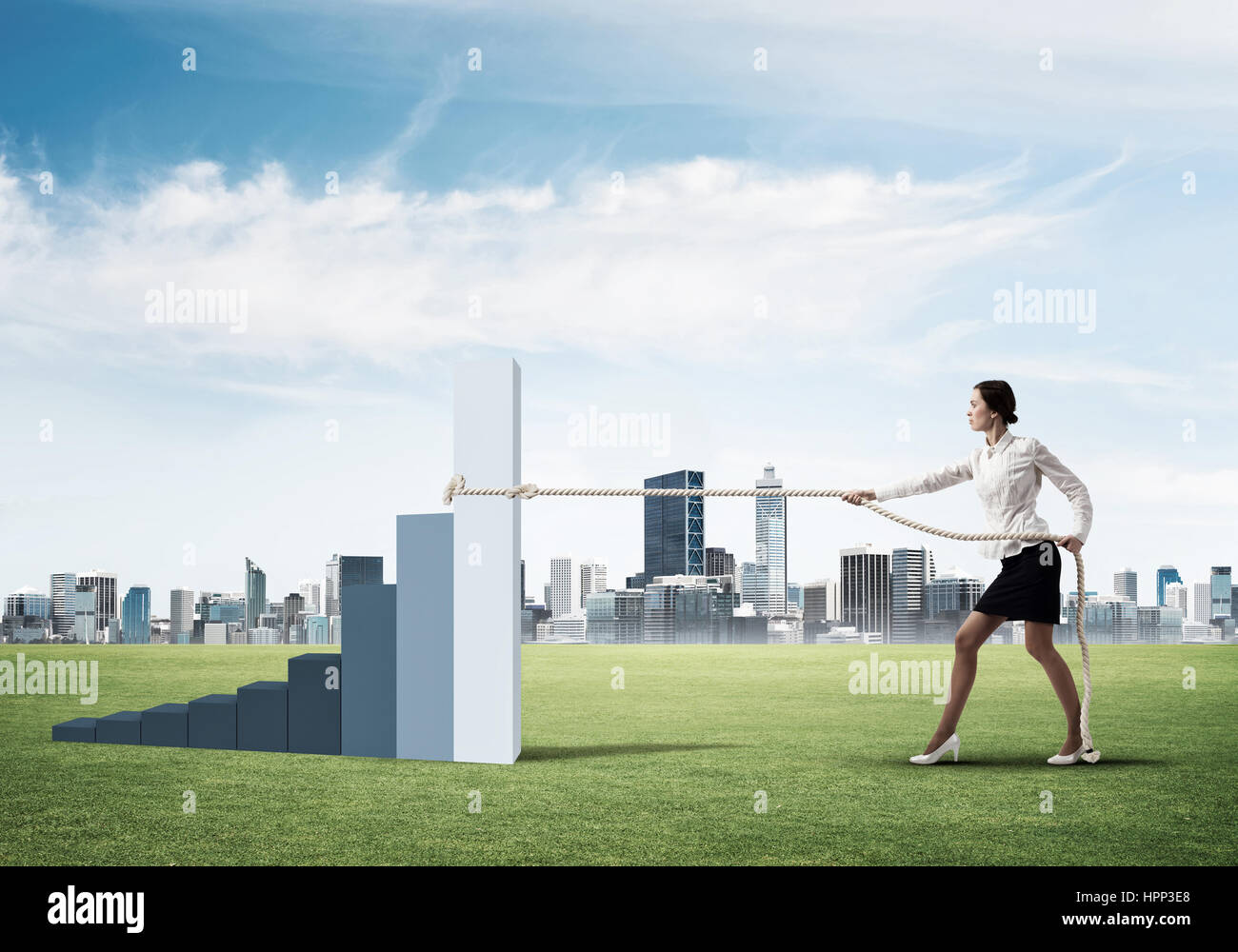 Businesswoman pulling arrow with rope and making it raise up Stock ...