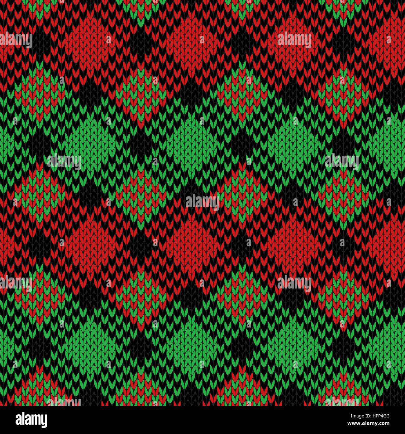 Knitted seamless vector pattern in black, green and red colors with ...