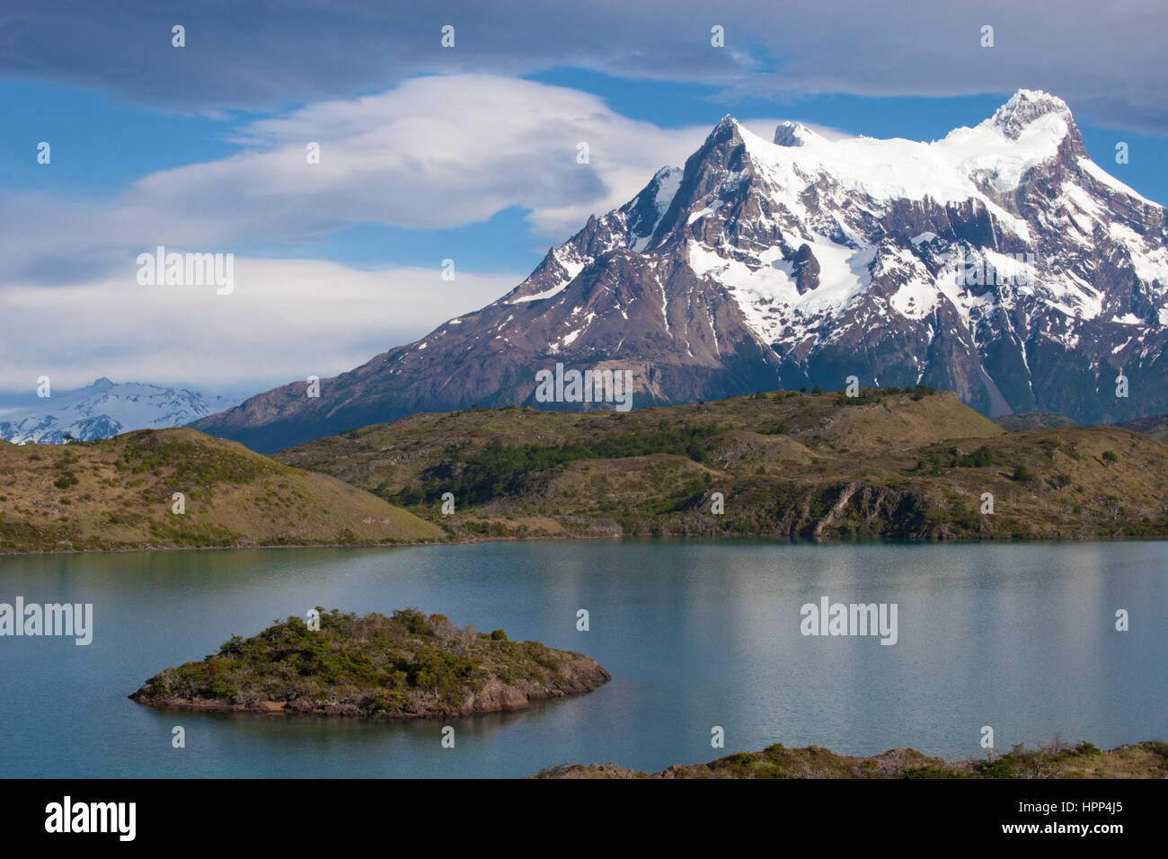 Cuernos del Paine and small island in Lake Pehoé in Torres del Paine ...
