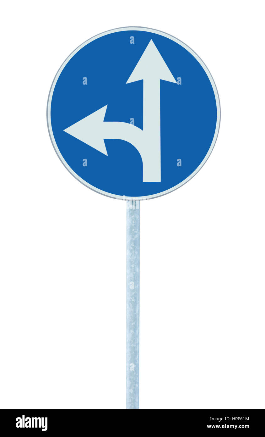 Mandatory straight or left turn ahead, traffic lane route direction ...