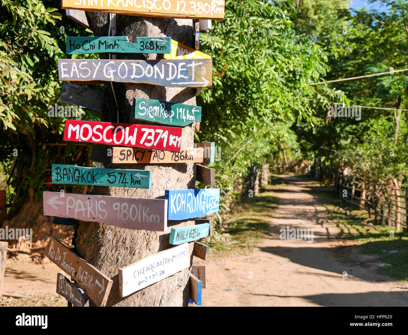 Signpost with wooden signs in many colors Stock Photo - Alamy