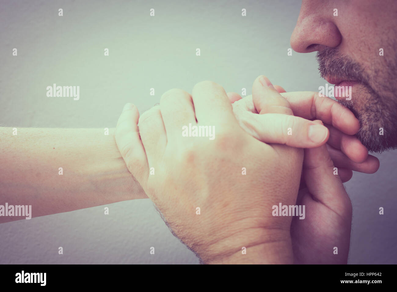 man kissing hand woman. Concept of couple in love at the day time Stock ...