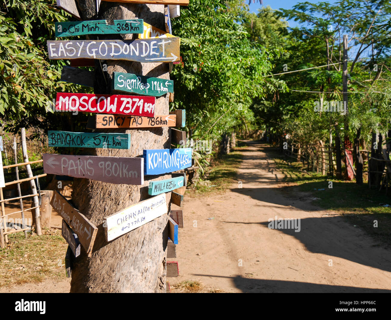 Signpost with wooden signs in many colors Stock Photo - Alamy