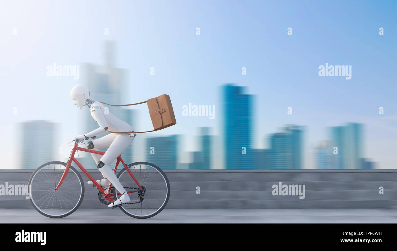 Robot riding bicycle in front of skyline Stock Photo - Alamy