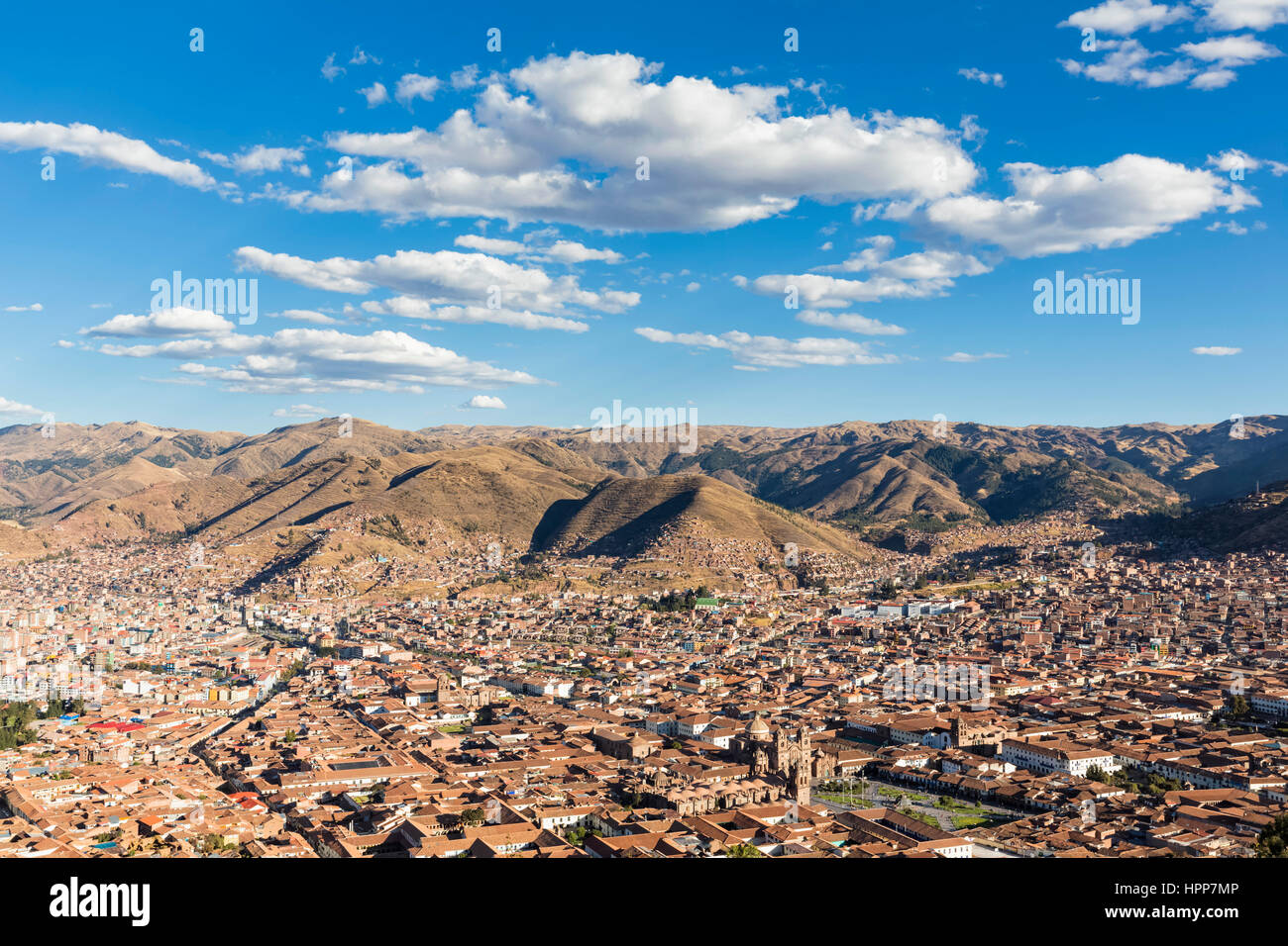 Peru, Andes, Cusco, cityscape as seen from Cristo Blanco Statue Stock ...