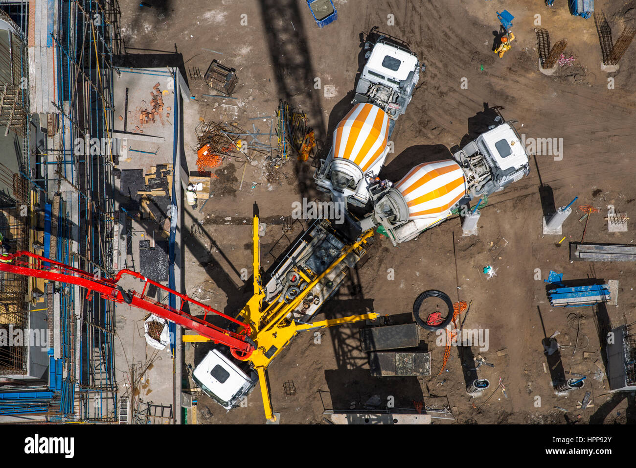 Giant concrete pump on construction site, top view Stock Photo - Alamy