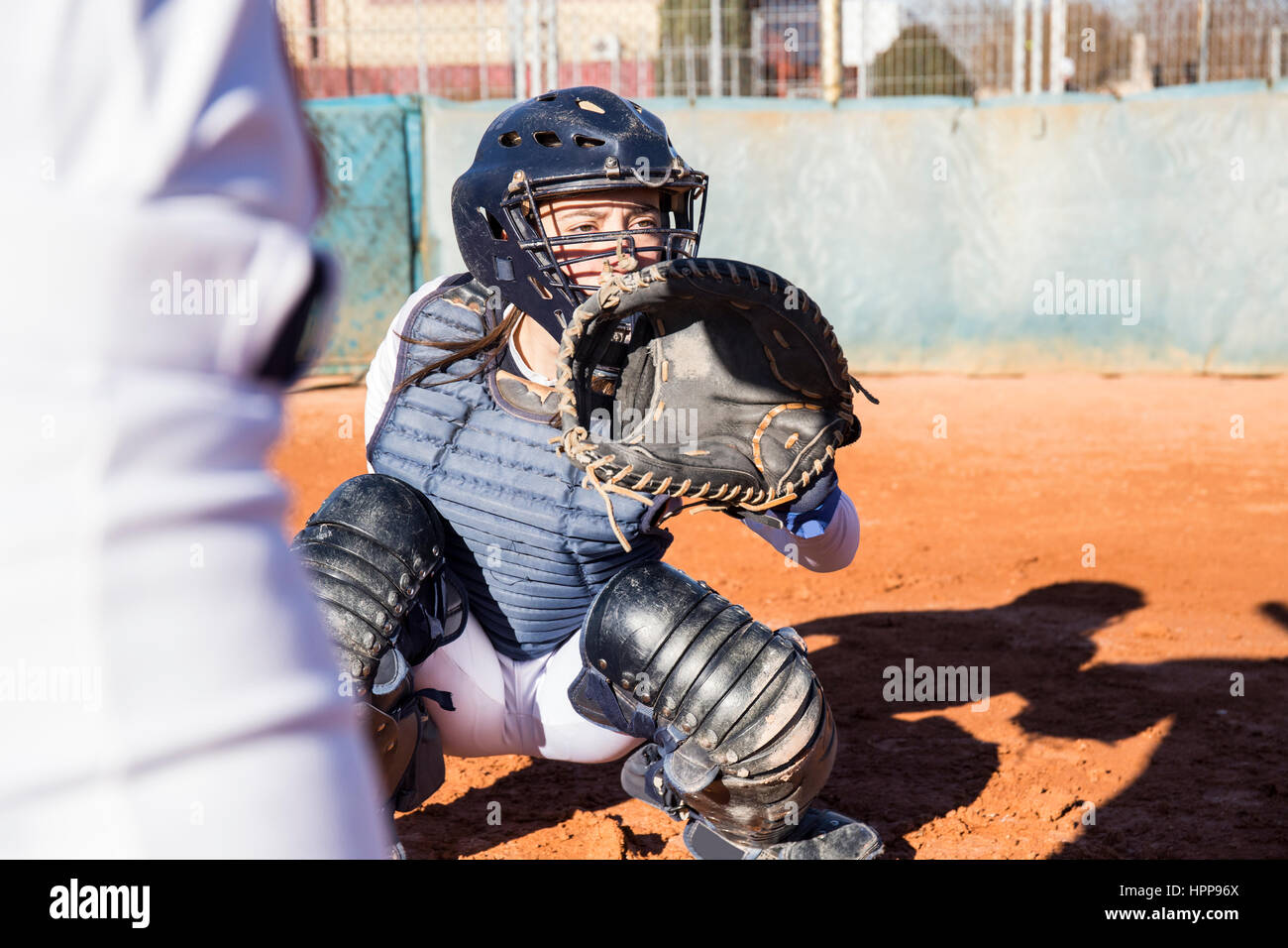 Female catcher ready to catch the ball during a baseball game Stock ...