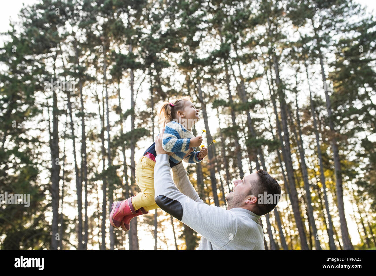 Father lifting up his daughter in forest Stock Photo - Alamy