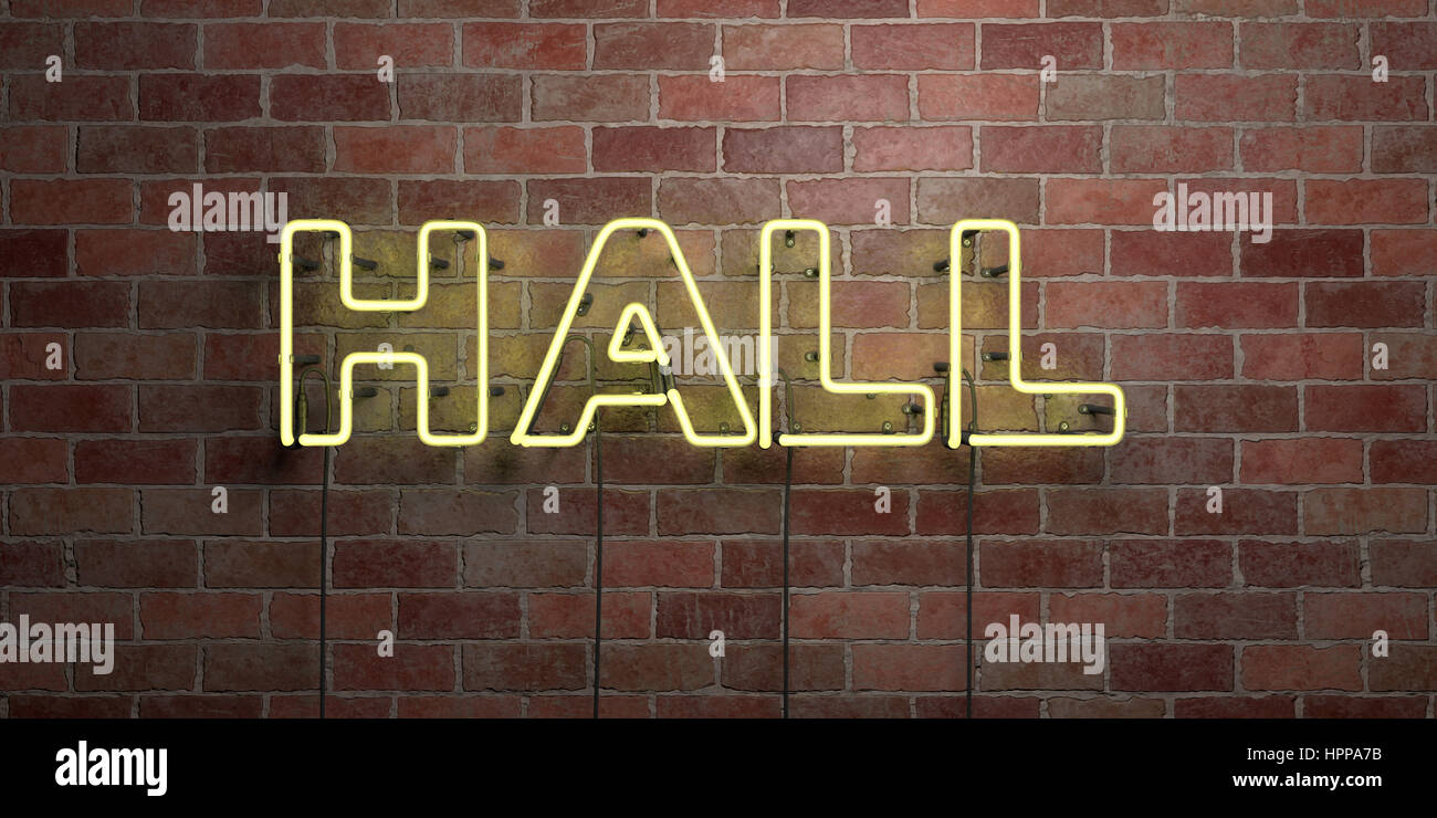 HALL - fluorescent Neon tube Sign on brickwork - Front view - 3D ...