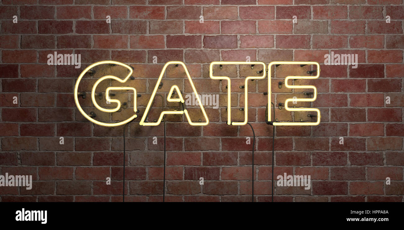 GATE - fluorescent Neon tube Sign on brickwork - Front view - 3D ...