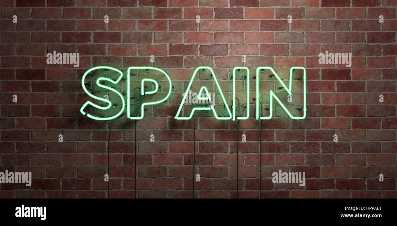 SPAIN - fluorescent Neon tube Sign on brickwork - Front view - 3D ...