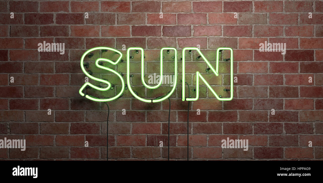 SUN - fluorescent Neon tube Sign on brickwork - Front view - 3D ...