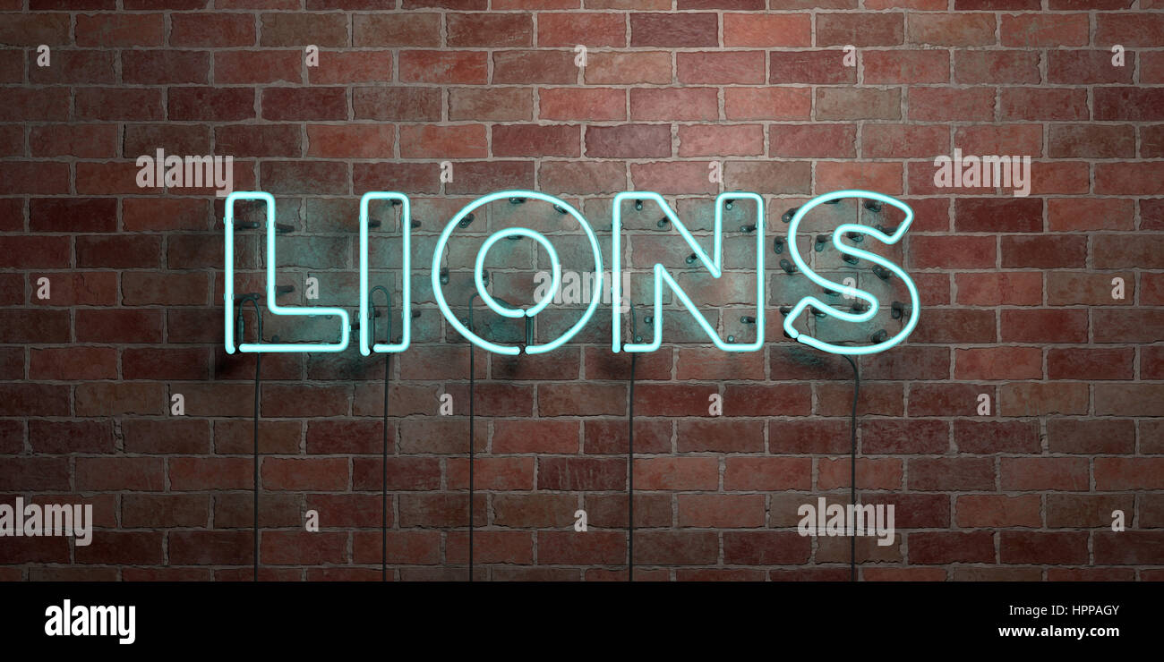 LIONS - fluorescent Neon tube Sign on brickwork - Front view - 3D ...
