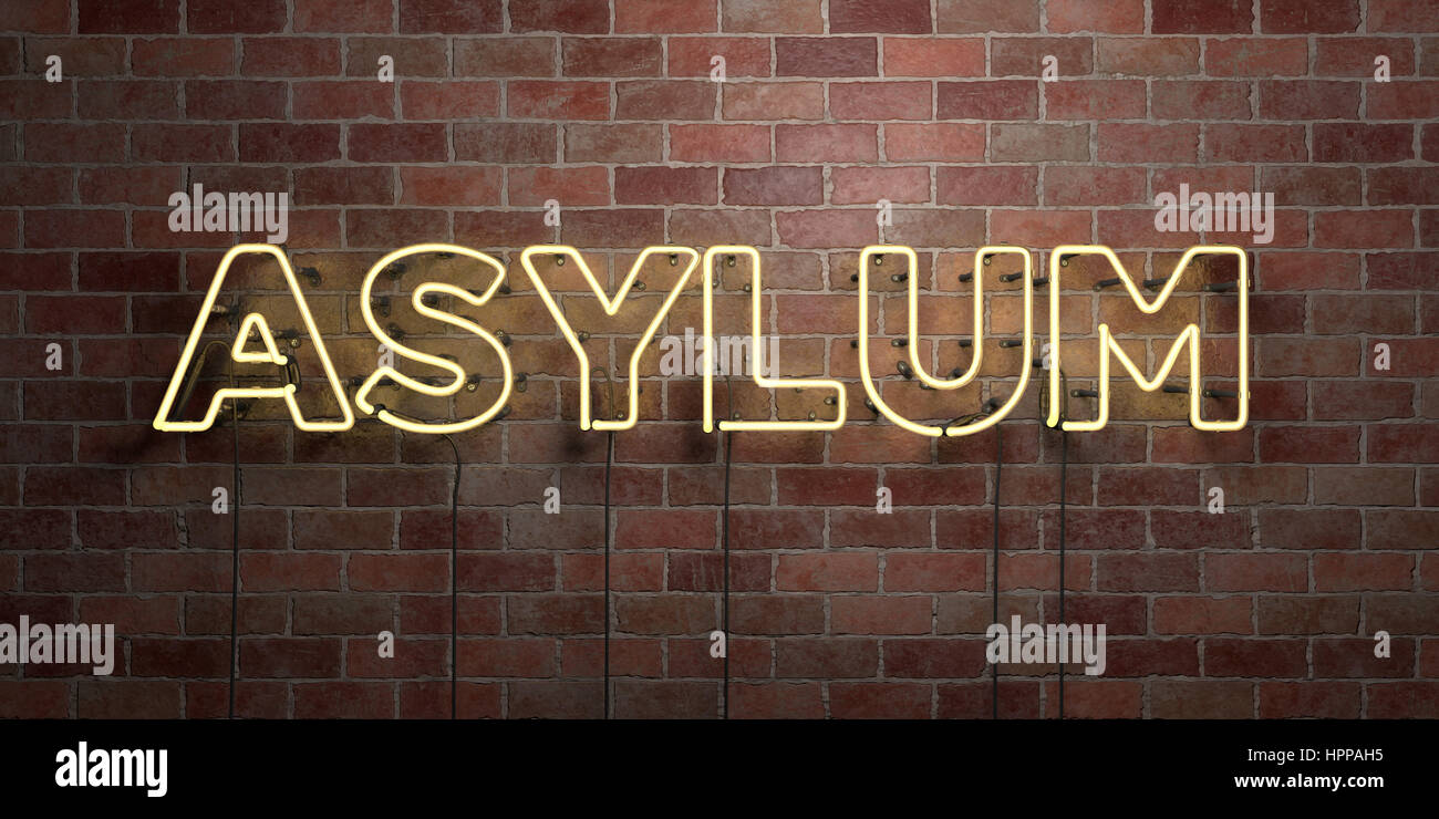 ASYLUM - fluorescent Neon tube Sign on brickwork - Front view - 3D ...