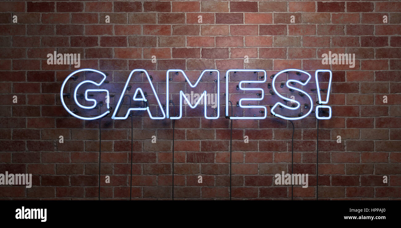 GAMES! - fluorescent Neon tube Sign on brickwork - Front view - 3D ...