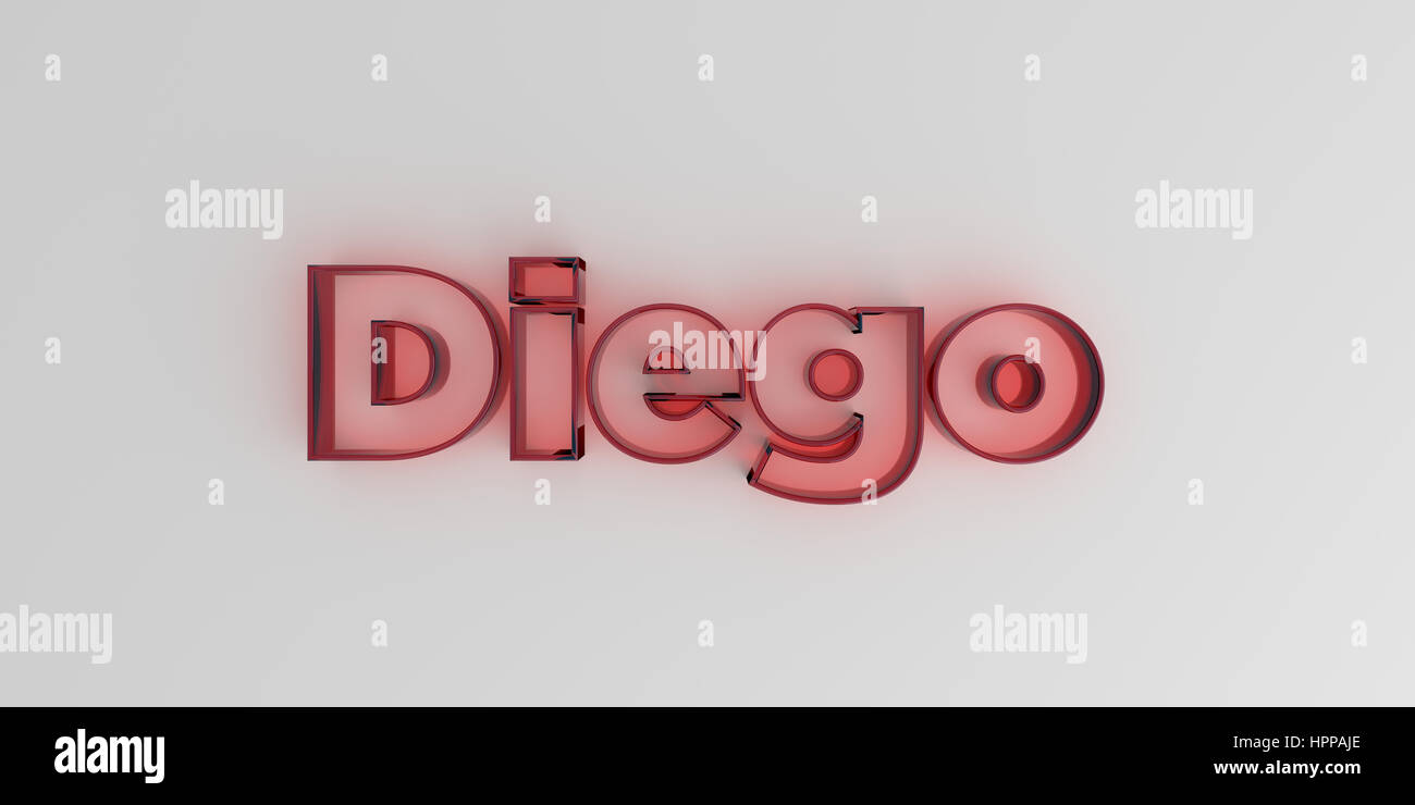 Diego - Red glass text on white background - 3D rendered royalty free ...
