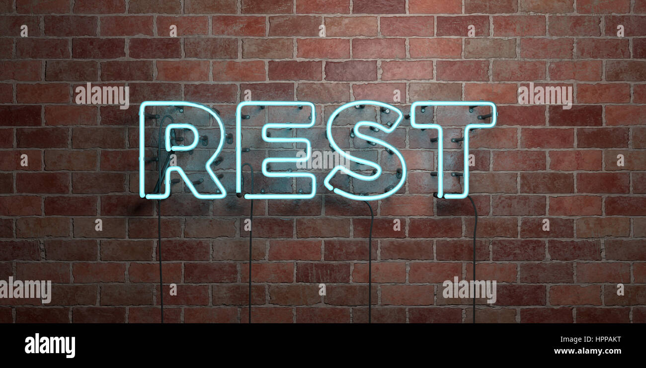 REST - fluorescent Neon tube Sign on brickwork - Front view - 3D ...