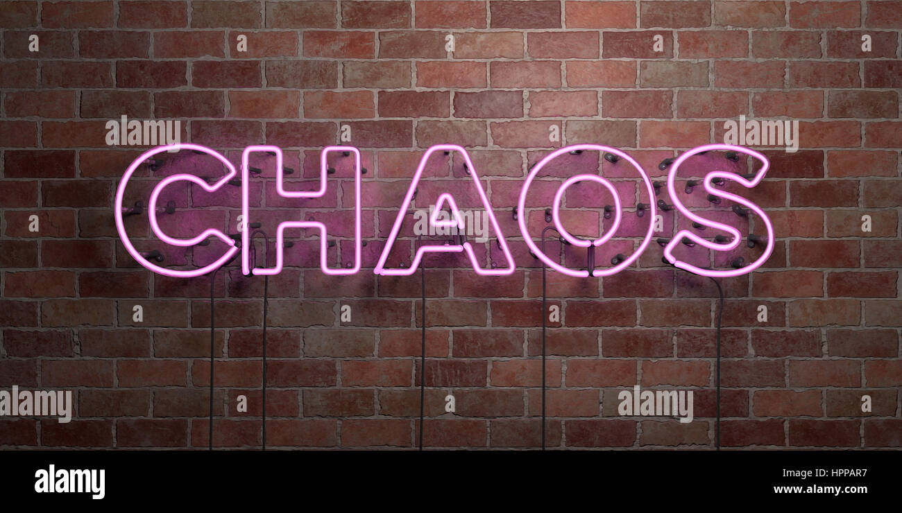 CHAOS - fluorescent Neon tube Sign on brickwork - Front view - 3D ...