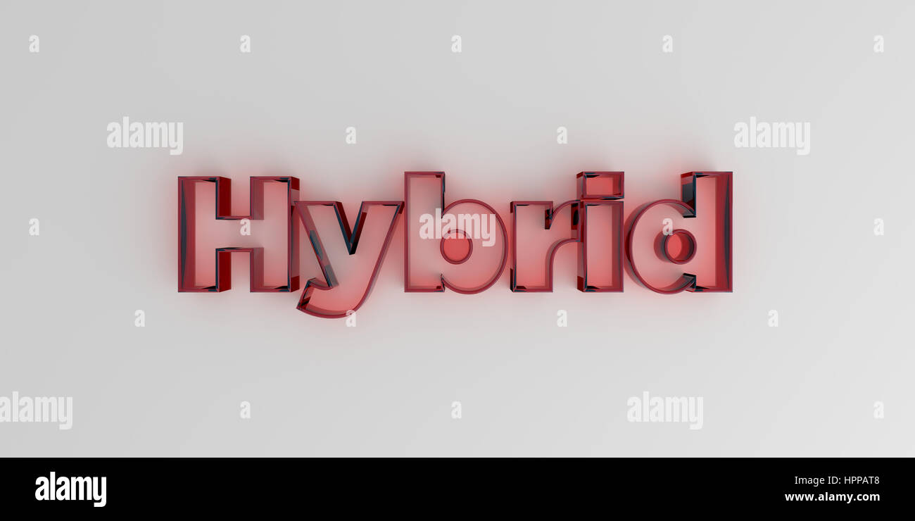 Hybrid - Red glass text on white background - 3D rendered royalty free ...