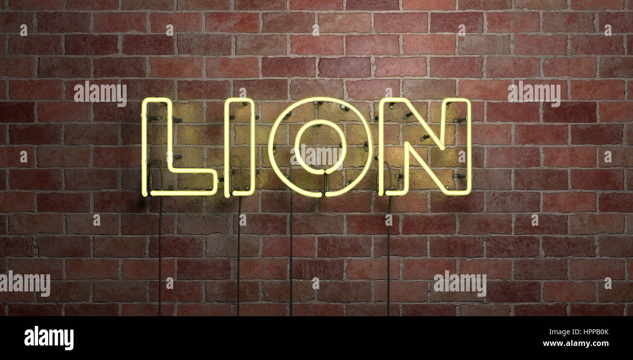 LION - fluorescent Neon tube Sign on brickwork - Front view - 3D ...