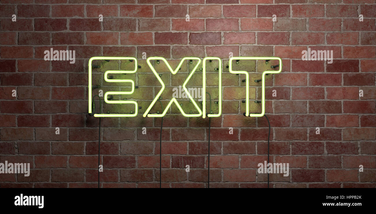 EXIT - fluorescent Neon tube Sign on brickwork - Front view - 3D ...