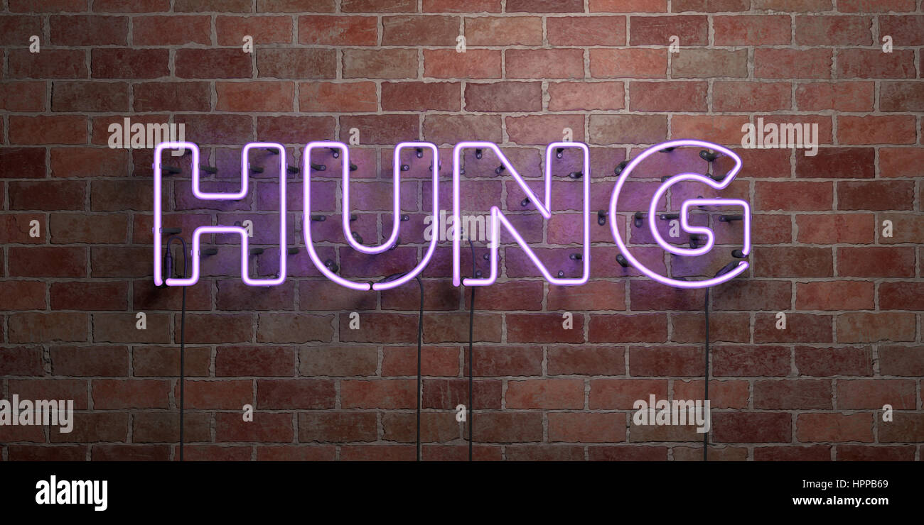 HUNG - fluorescent Neon tube Sign on brickwork - Front view - 3D ...