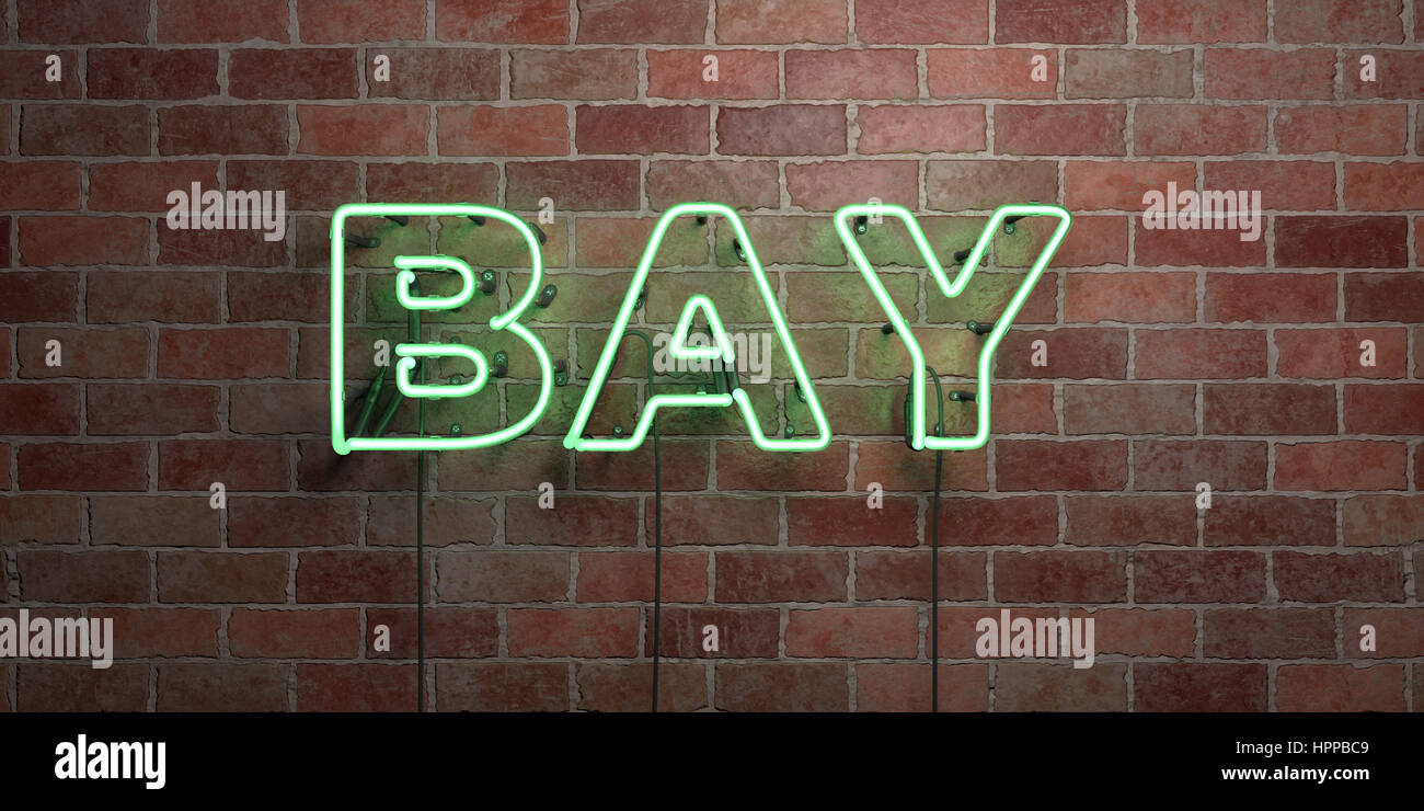BAY - fluorescent Neon tube Sign on brickwork - Front view - 3D ...