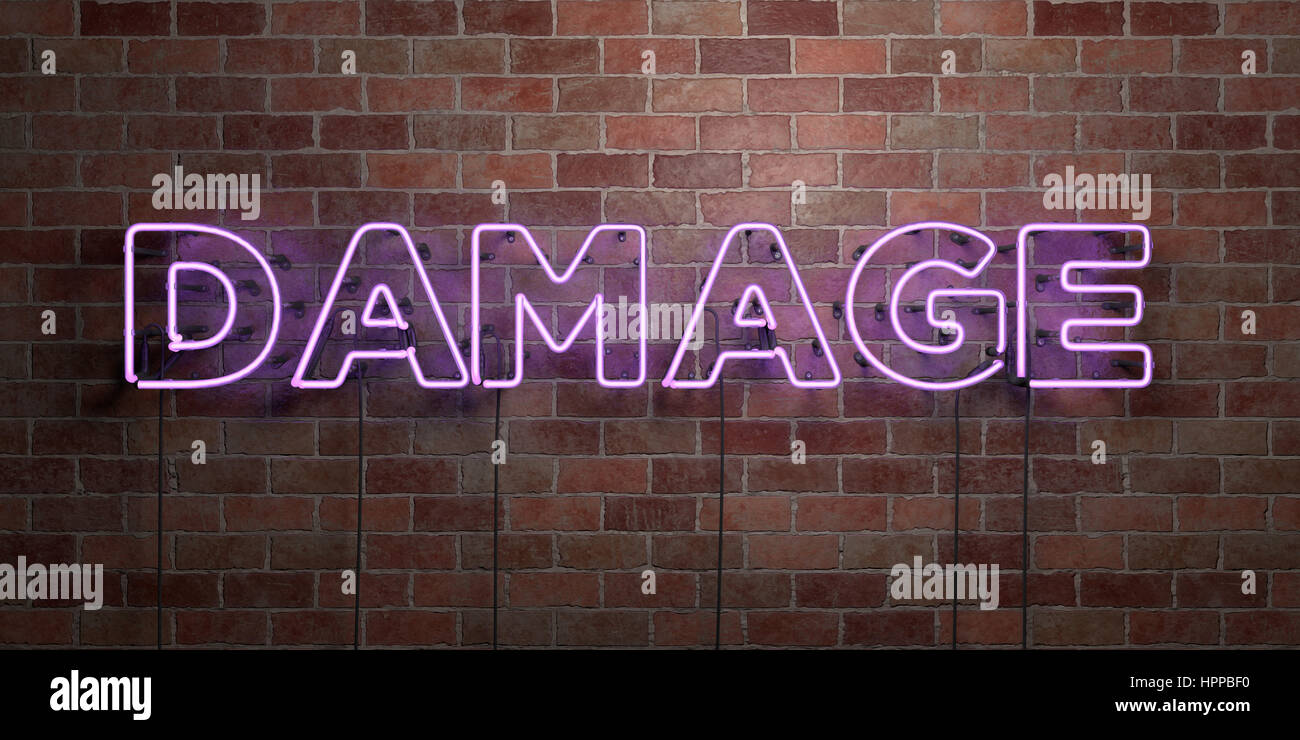 DAMAGE - fluorescent Neon tube Sign on brickwork - Front view - 3D ...