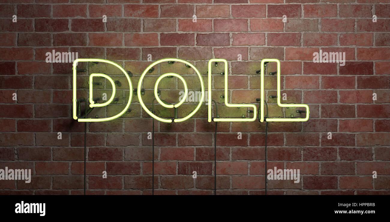 DOLL - fluorescent Neon tube Sign on brickwork - Front view - 3D ...