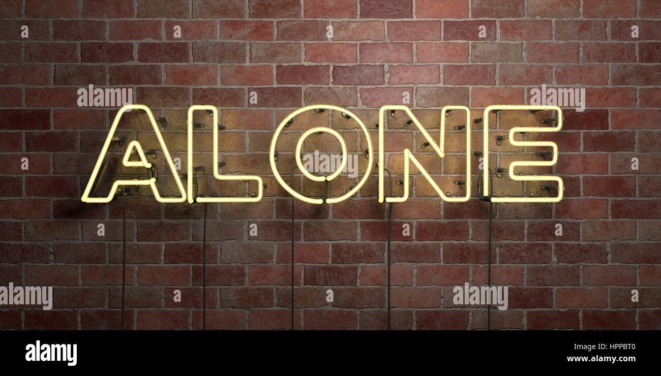 ALONE - fluorescent Neon tube Sign on brickwork - Front view - 3D ...