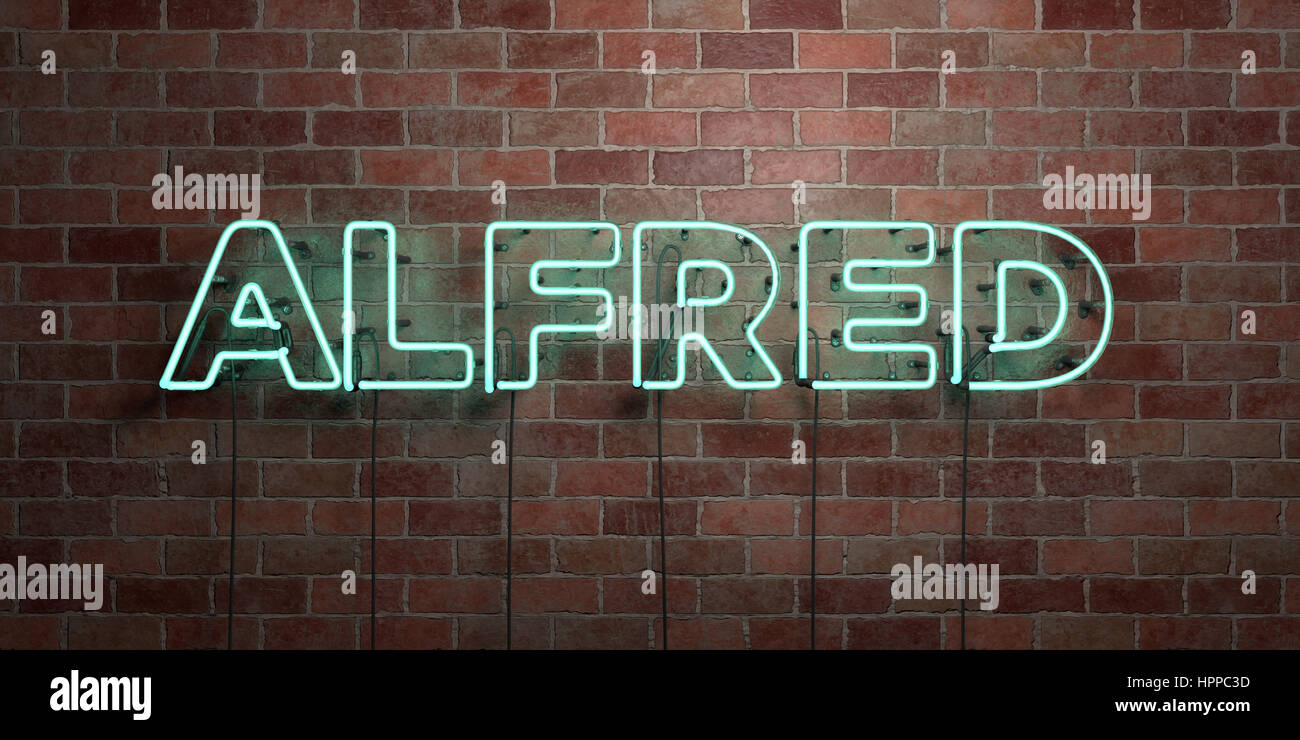 ALFRED - fluorescent Neon tube Sign on brickwork - Front view - 3D ...