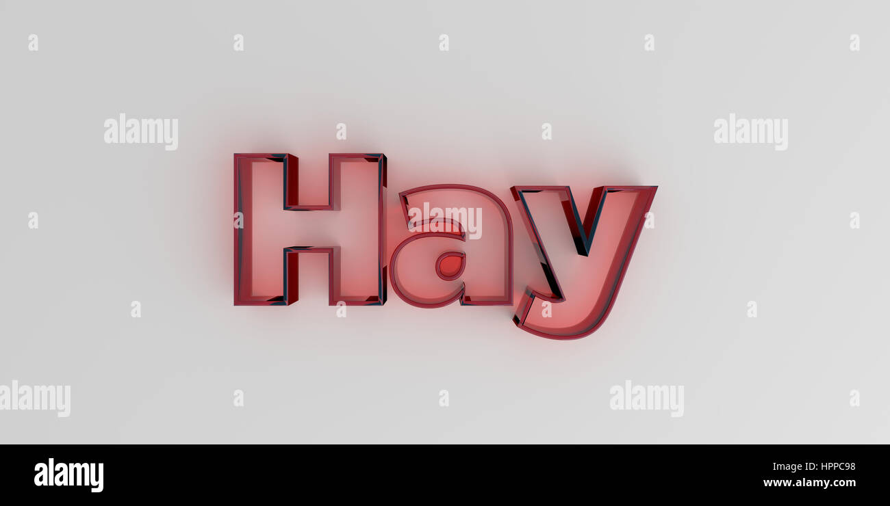 Hay - Red glass text on white background - 3D rendered royalty free ...