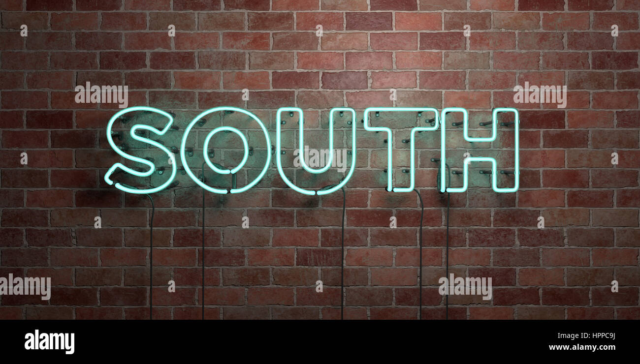 SOUTH - fluorescent Neon tube Sign on brickwork - Front view - 3D ...