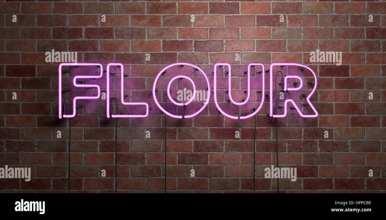 FLOUR - fluorescent Neon tube Sign on brickwork - Front view - 3D ...