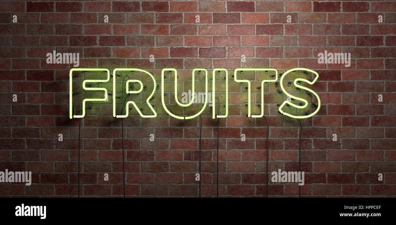 FRUITS - fluorescent Neon tube Sign on brickwork - Front view - 3D ...