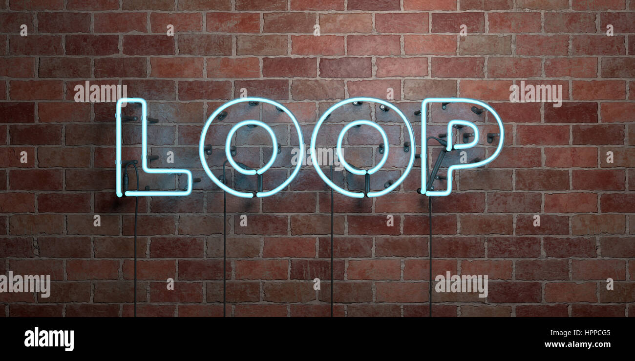 LOOP - fluorescent Neon tube Sign on brickwork - Front view - 3D ...