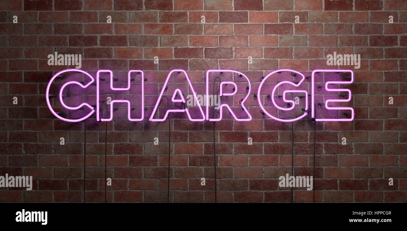 CHARGE - fluorescent Neon tube Sign on brickwork - Front view - 3D ...