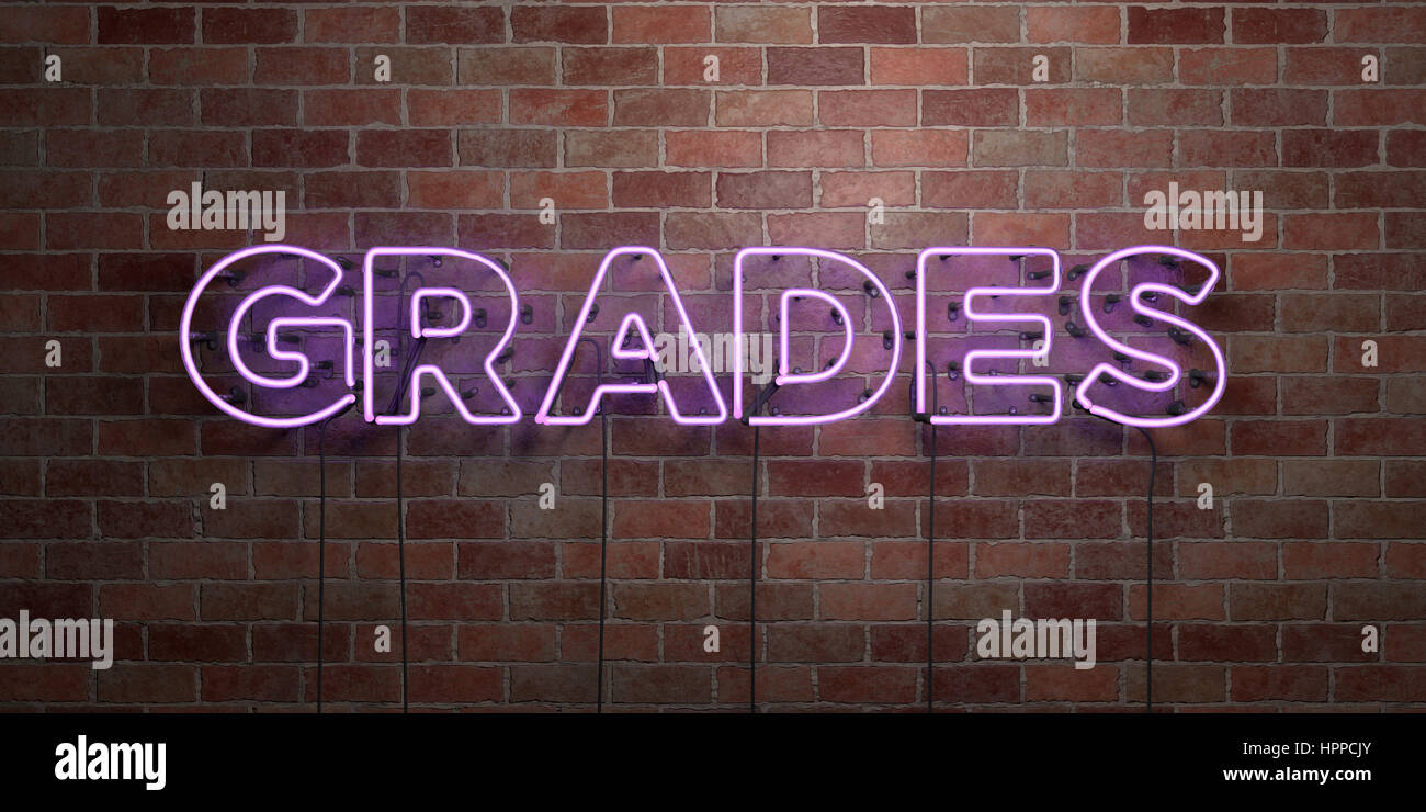 GRADES - fluorescent Neon tube Sign on brickwork - Front view - 3D ...
