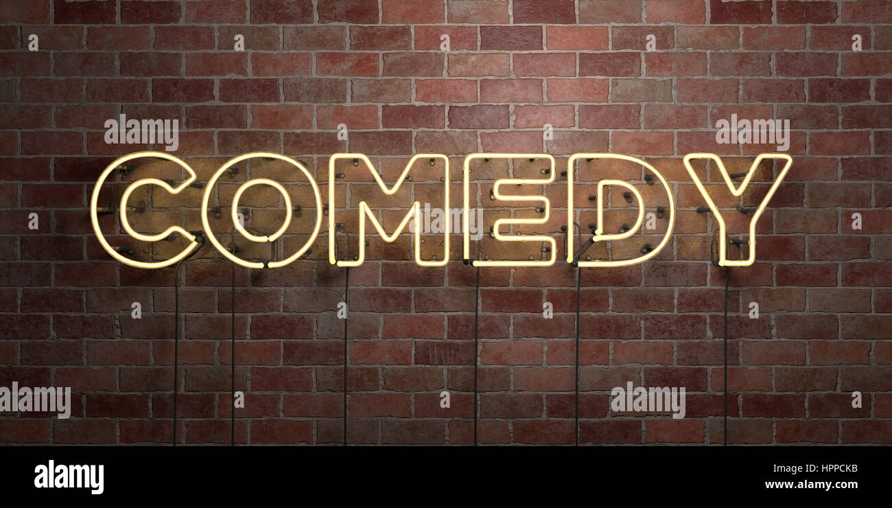 COMEDY - fluorescent Neon tube Sign on brickwork - Front view - 3D ...