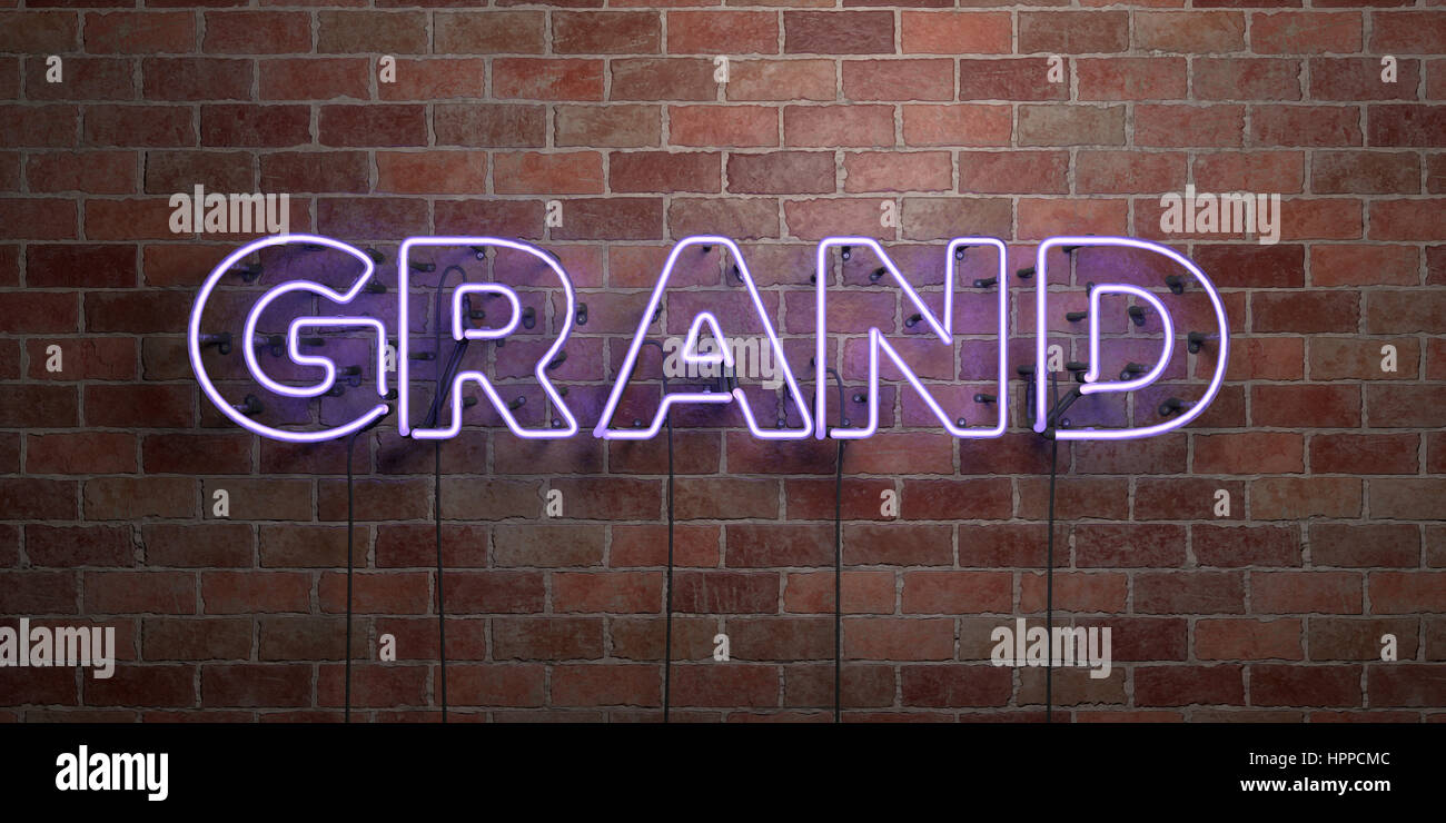 GRAND - fluorescent Neon tube Sign on brickwork - Front view - 3D ...