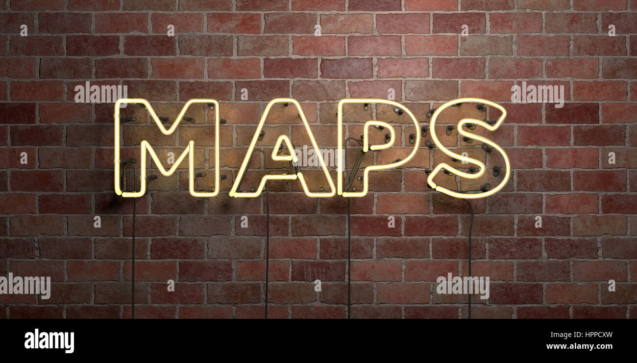 MAPS - fluorescent Neon tube Sign on brickwork - Front view - 3D ...