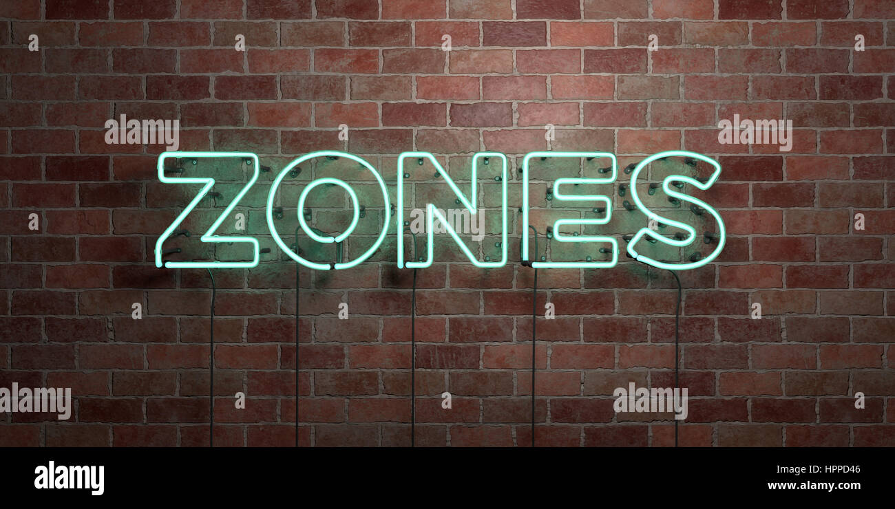ZONES - fluorescent Neon tube Sign on brickwork - Front view - 3D ...