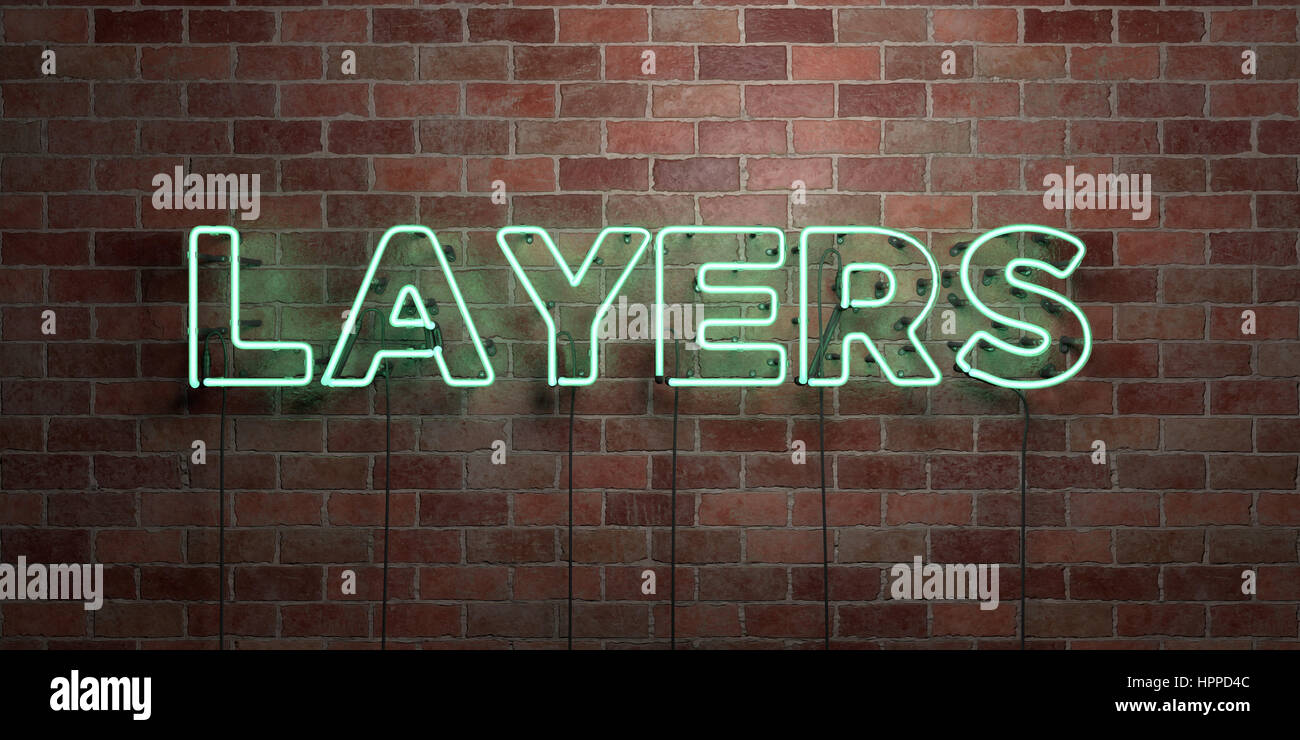 LAYERS - fluorescent Neon tube Sign on brickwork - Front view - 3D ...