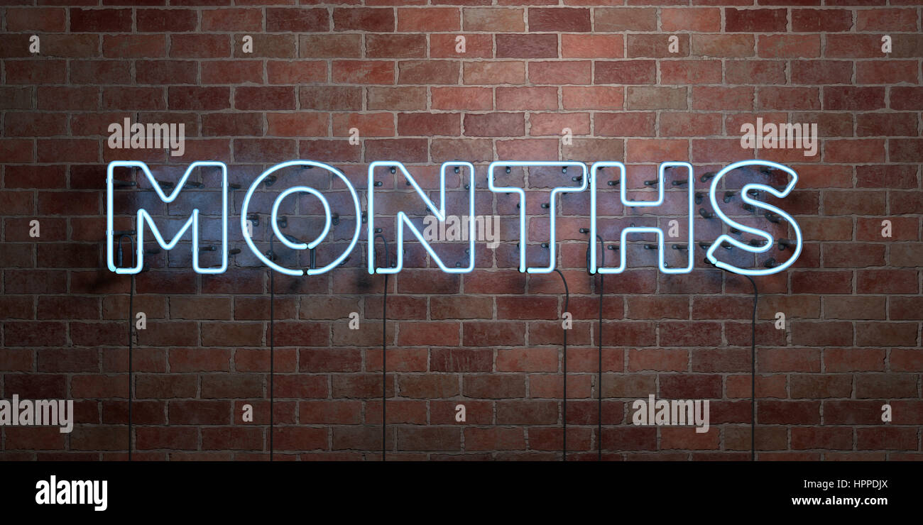 MONTHS - fluorescent Neon tube Sign on brickwork - Front view - 3D ...