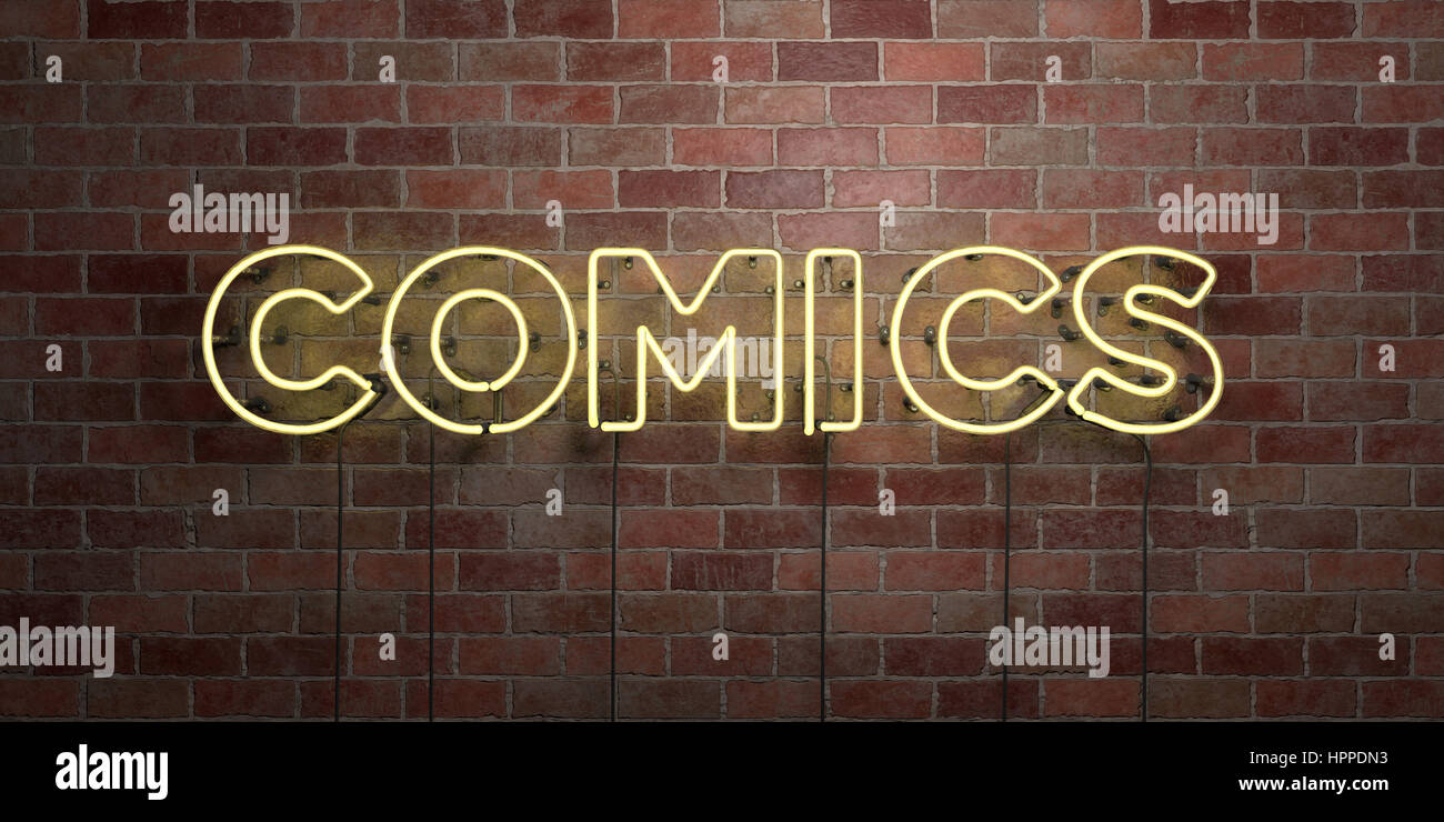 COMICS - fluorescent Neon tube Sign on brickwork - Front view - 3D ...