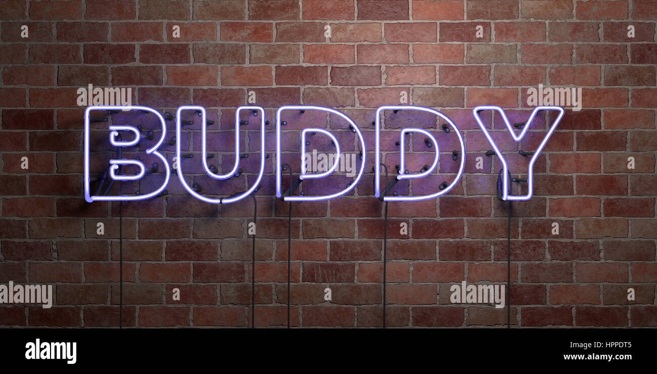 BUDDY - fluorescent Neon tube Sign on brickwork - Front view - 3D ...